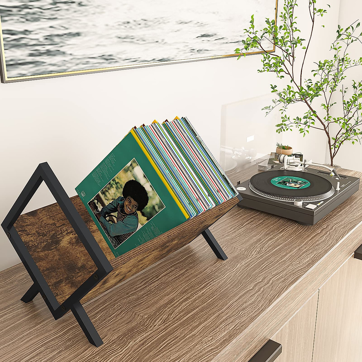 Giikin Vinyl Record Storage Holder, Holds up to 90-110 LPs, Metal and Wooden Vinyl Record Organizer Stand, Simple/Functional/Easy Assembly, Vinyl Shelf for Files/Book/Magazine/Record Rack