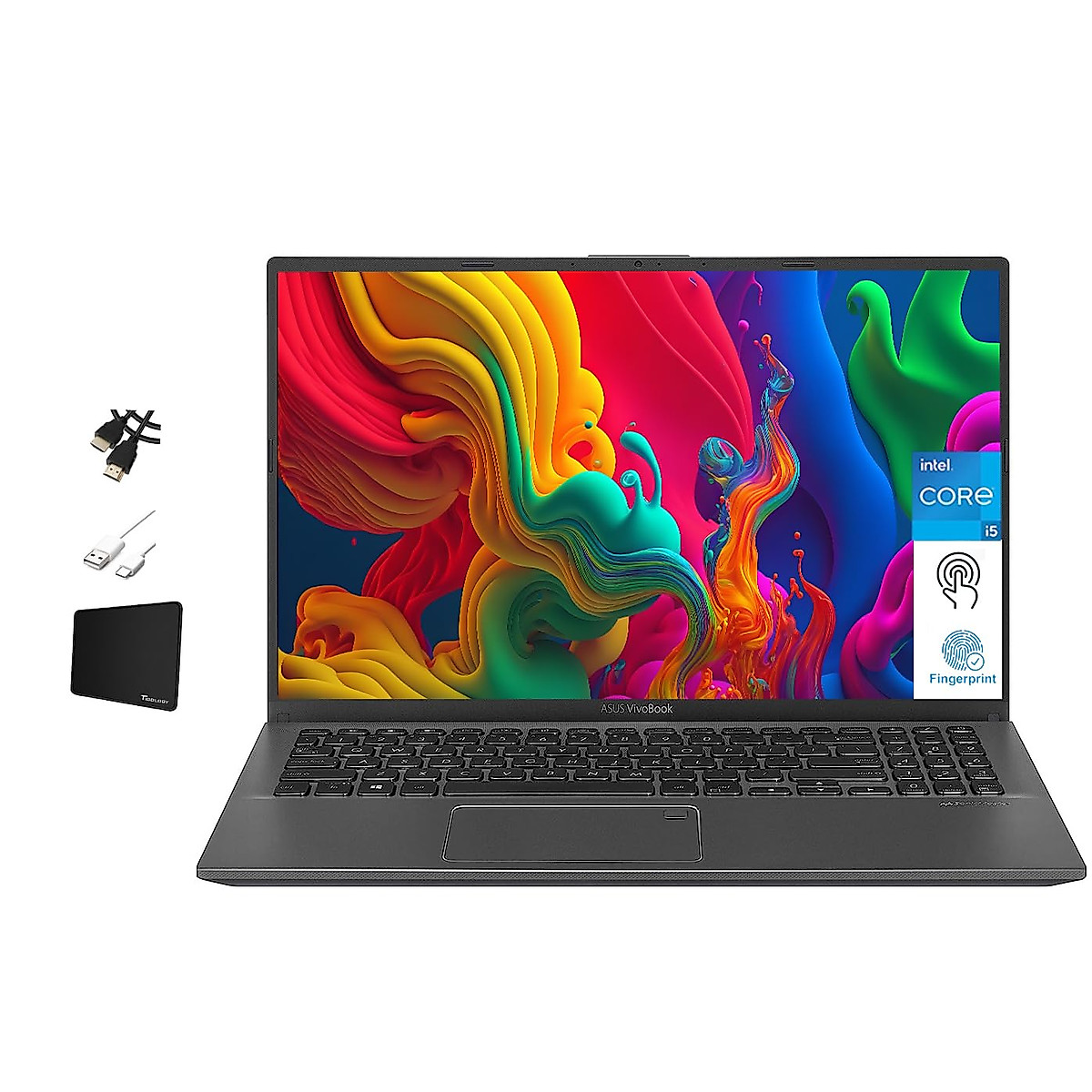 ASUS VivoBook 15 Thin and Light Laptop, 15.6” FHD Touchscreen, Intel i5-1035G1 CPU, 12GB DDR4 RAM, 256GB SSD, Fingerprint Reader, Webcam, Windows 10 Home, Black with Accessories