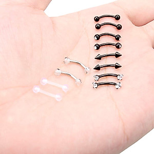 Dyknasz Eyebrow Barbells 16 Gauge Surgical Steel Belly Ring Cartilage Tragus Studs Cubic Zirconia Barbell Body Piercing Jewelry Screw Ball Flexible Retainer for Women Men 8mm 12 Pieces Black