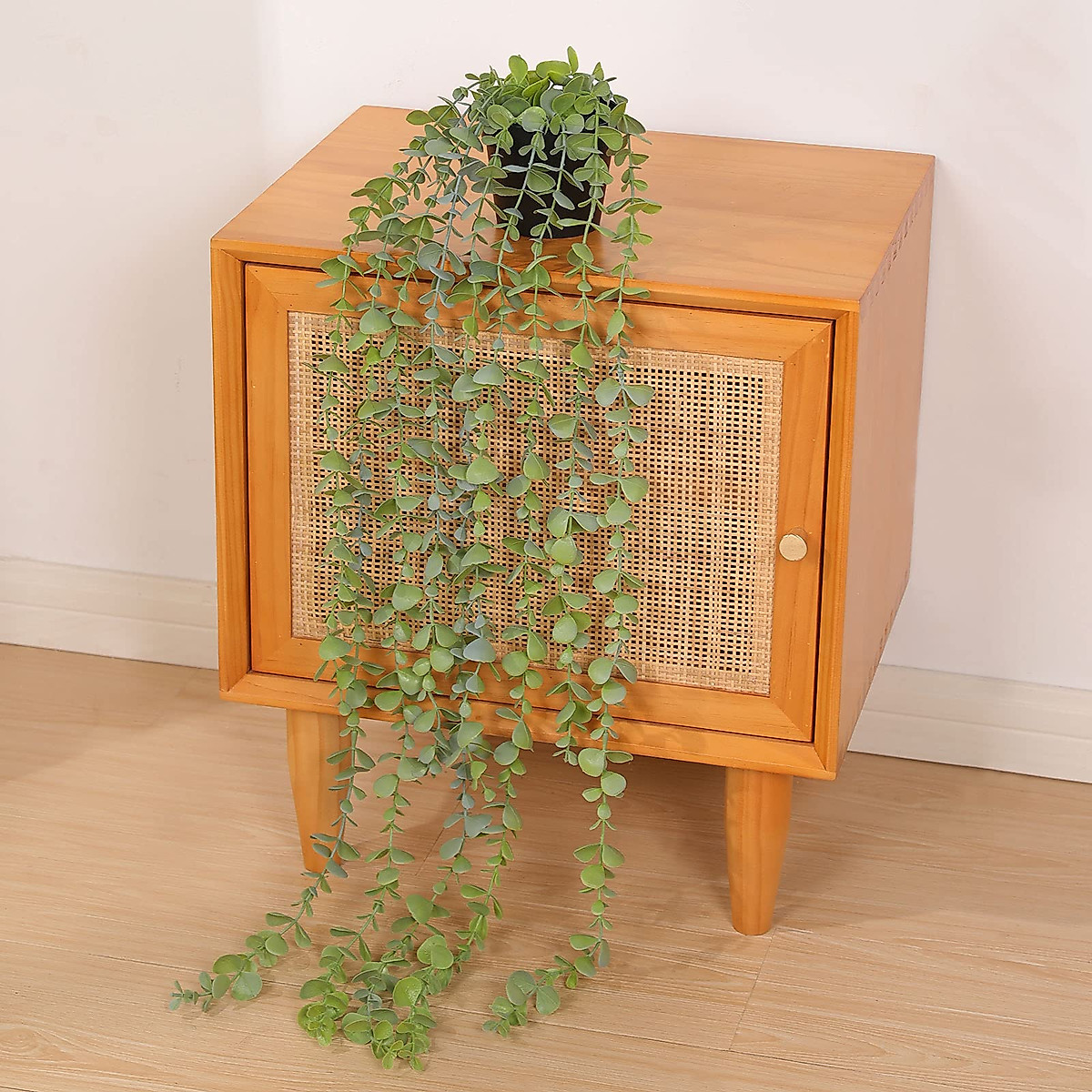 Asano Season Fake Plants Artificial Eucalyptus with Hanging Plant Hanger 2.6 FT Faux Greenery Vine Potted Plants in Black Pot and Cotton Rope for Boho Home Green House Garden Indoor Bedroom Décor