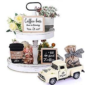 Tiamon 5 Pieces Coffee Tiered Tray Decor Rustic Coffee Bar Wooden Signs Farmhouse Mini Pickup Truck Burlap Sack for Home Coffee Bar Kitchen Coffee Station Vintage Shelf Table Party Decor
