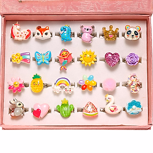 PinkSheep Little Girl Jewel Rings in Heart Box, Adjustable, Girl Gift Pretend Play and Dress Up Rings