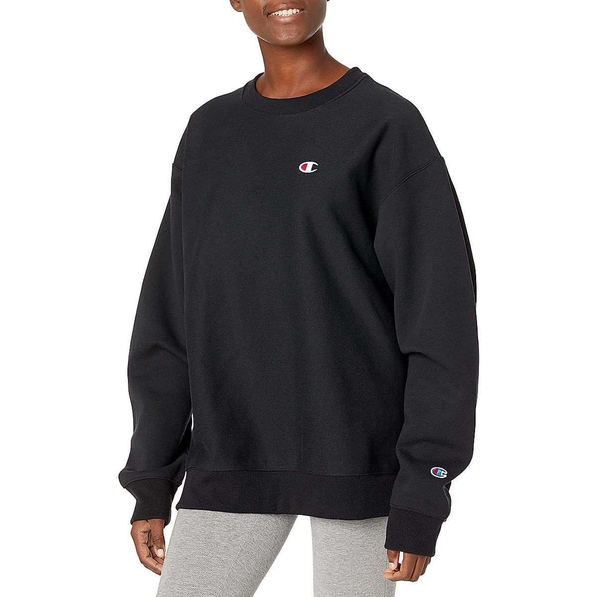 Champion Plus Size Reverse Weave Crewneck, Pullover Sweatshirts for Women, Black Left Chest C, 1X