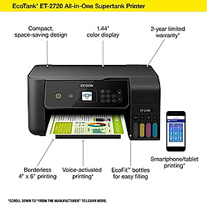 Epson EcoTank ET-2720 All-in-One Supertank Wireless Color Inkjet Printer for Home Office, Black - Print Scan Copy - 10.5 ppm, 5760 x 1440 dpi, Voice Activated, Borderless Photo Printing, Ethernet