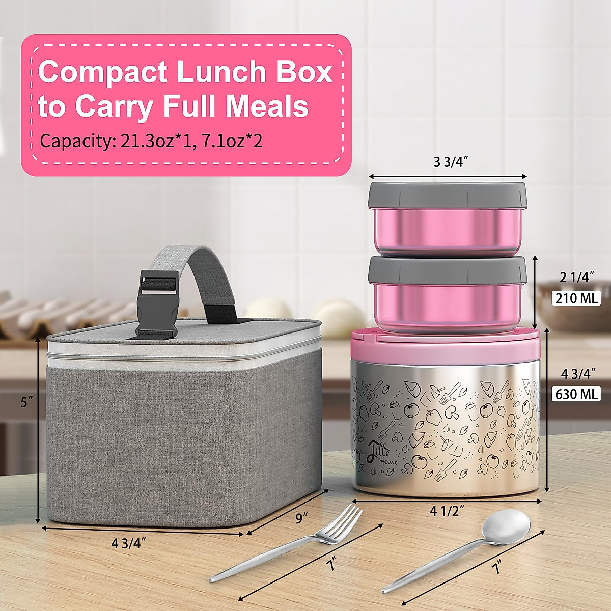 Lille Home Lunch Box Set, An Vacuum Insulated Bento/Snack Box Keeping Food Warm for 4-6 Hours, Two BPA-Free Food Containers, A Lunch Bag, A Portable Cutlery Set, Smart Diet, Weight Control (Pink)