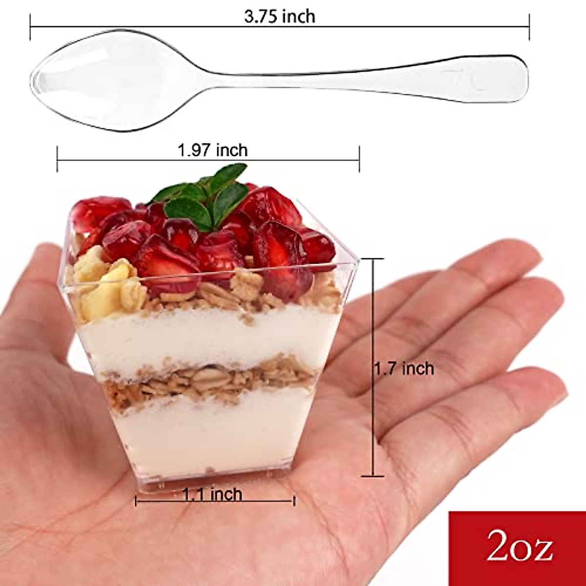 Hiasobre 100 Pack 2 oz Mini Dessert Cups with Spoons, Square Clear Plastic Appetizer Cups, Reusable Parfait Cups, Small Dessert Bowls for Serving Fruit Ice Cream Pudding Yogurt