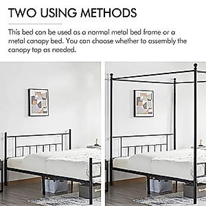 Topeakmart Black Four-Poster Canopy Metal Bed Frame with Headboard and Footboard Sturdy Slatted Structure No Box Spring Needed Queen Size