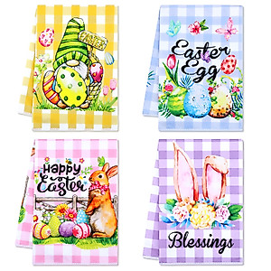RUMIA 4 Pcs Easter Kitchen Towels Buffalo Plaid Happy Easter Kitchen Dish Towels Dishcloth 18 x 26 inch Easter Gnomes Bunny Eggs Hand Towels for Spring Easter Housewarming Gifts Kitchen Decor