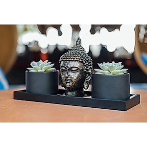 Buddha Statue & Succulent Zen Garden Set- Buddha Head Statue w/ Wooden Display Tray & Stones| Buddha Decor For Home Decor. Beautiful & Peaceful. Great Meditation Gifts.