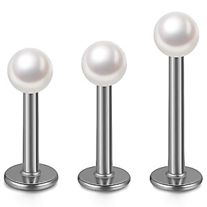 FM FM42 Stainless Steel 3mm Diameter Simulated White Pearl 16G 6/8/10mm Height Labret Monroe Stud (Pack of 6)