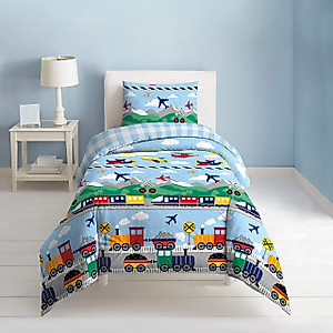 Dream Factory Kids 2-Piece Easy-Wash Super Soft Cotton Comforter and Pillow Sham Set, Twin, Blue Trains and Planes