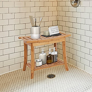 Kinsuite Bamboo Wooden Shower Bench Seat Bathroom Shower Chair with Storage Shelf Organizer Stool Indoor Bathing Bench for Inside Shower