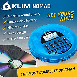 KLIM Nomad Transparent Blue - Portable CD Player Walkman with Long-Lasting Battery - Includes Headphones - Discman MP3 Player - TF Card FM Radio Bluetooth AUX - Ideal for Home, Cars - 2024 Version
