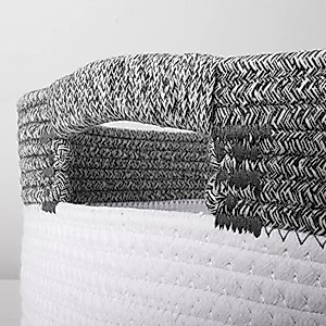 LA JOLIE MUSE Rectangle Cotton Rope Storage Basket Set of 2, Natural and Safe For Baby Kids Nursery, Two-Tone Woven Decorative Baskets, White & Gray