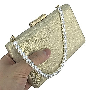 Shine Satin Women Metal Box Clutch Purse Evening Bags with Short Syethetic Pearl Strap (Gold, Mini)
