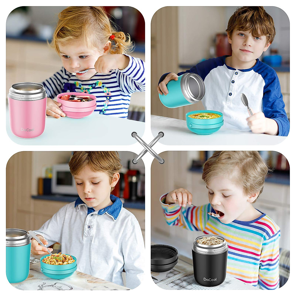 DaCool Food Thermos for Kids With Handle 16 Ounce Insulated Lunch Containers Leakproof Thermos for Food Lunch Soup Vacuum Stainless Steel With Folding Spoon Lunch Box for Kids School Outdoors Pink