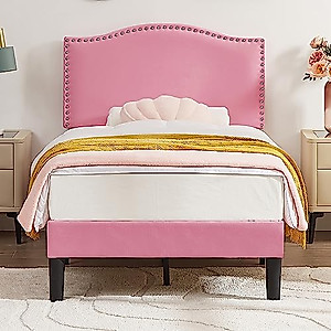 VECELO Twin Bed Frame Platform Bed Frame with Upholstered Headboard, Strong Frame and Wooden Slats Support, Strong Weight Capacity, Non-Slip and Noise-Free, Easy Assembly,Pink