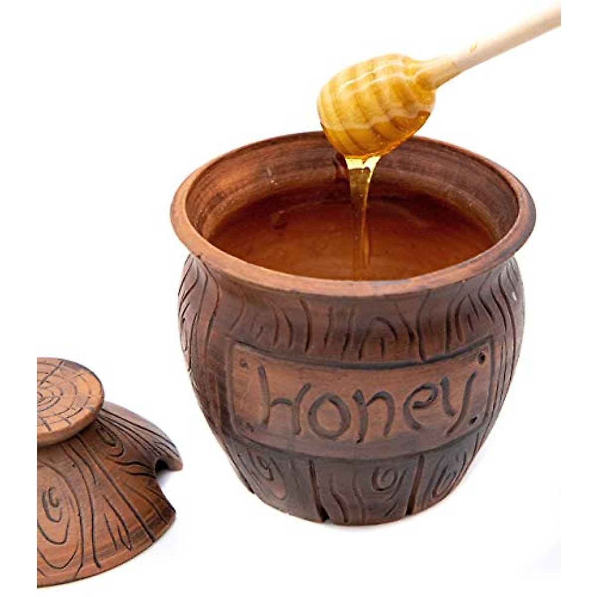 Honey Jar with a Dipper 16oz. Ceramic Honey Pot Made Out of Solid Clay Piece. Honey Container, and a Great Rustic Bowl for Gift (Brown) - Ceramic Beehive Honey Pot with Dipper.