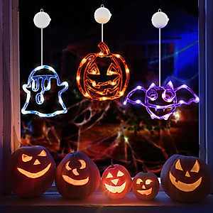PISKEKAT Halloween Decorations, 3 Pack Orange Pumpkin, White Ghost, Purple Bat Halloween Window Lights with Suction Cup & Hooks, Battery Operated Indoor Lights for Halloween Window Decorations