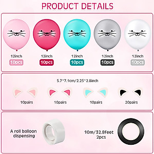 50 Pieces 12 Inch Kitty Party Latex Balloons DIY Cat Balloons Animal Cat Balloons for Birthday Party Cute Cat Balloons with Ears Cat Kids Party Balloons for Girls Cat Birthday Party Supplies, 5 Colors