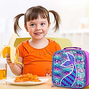 AGSDON 3PCS Kids Backpacks for Girls, 16" Little Kid Mermaid Sequin Preschool School Bookbag and Lunch Box