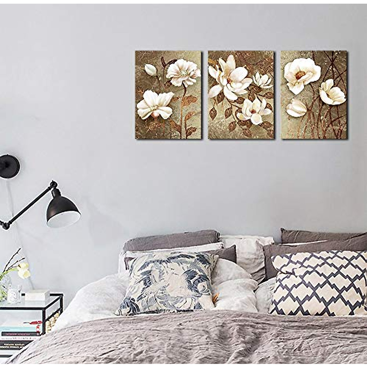 Vintage Wall Art Flowers Bedroom Wall Decor 3 Pieces Canvas Wall Art White Blossom Bathroom Living Room Decoration 12" x 16" x 3 Panels Framed Ready to Hang