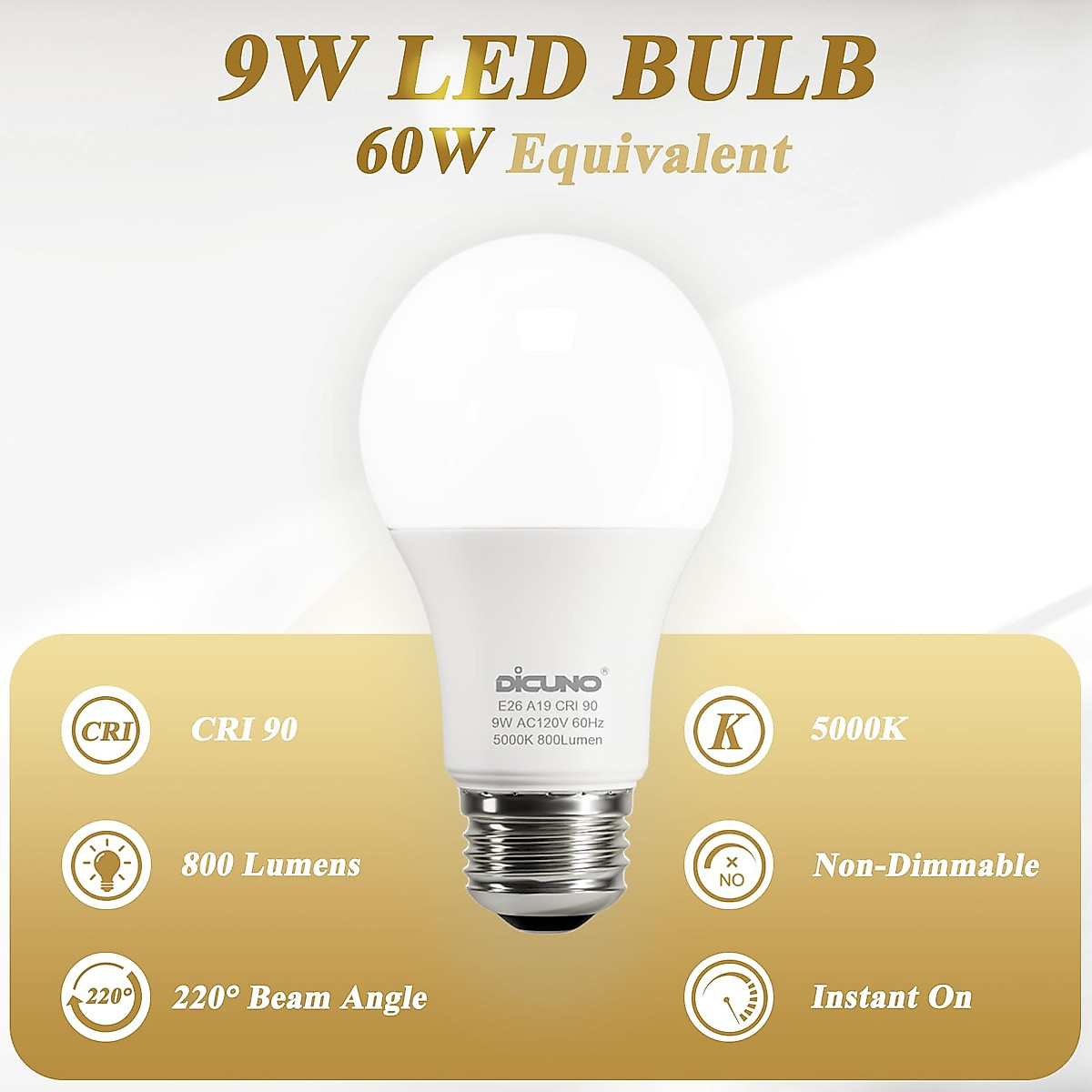 DiCUNO A19 LED Light Bulbs 60W Equivalent, Daylight White 5000K, High CRI 90, E26 Medium Base 9W 800 Lumens 120V, Non-dimmable, Frosted, 6 Pack