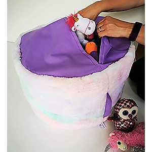 MiniOwls Plush Toy Storage Solution (Cover, Unfilled) - Rainbow Furry Bean Bag - Soft Teddy Faux Fur Organizer with a Zipper. Pouf 20x20x15 Contemporary Accent Ottoman (Unicorn, Medium)