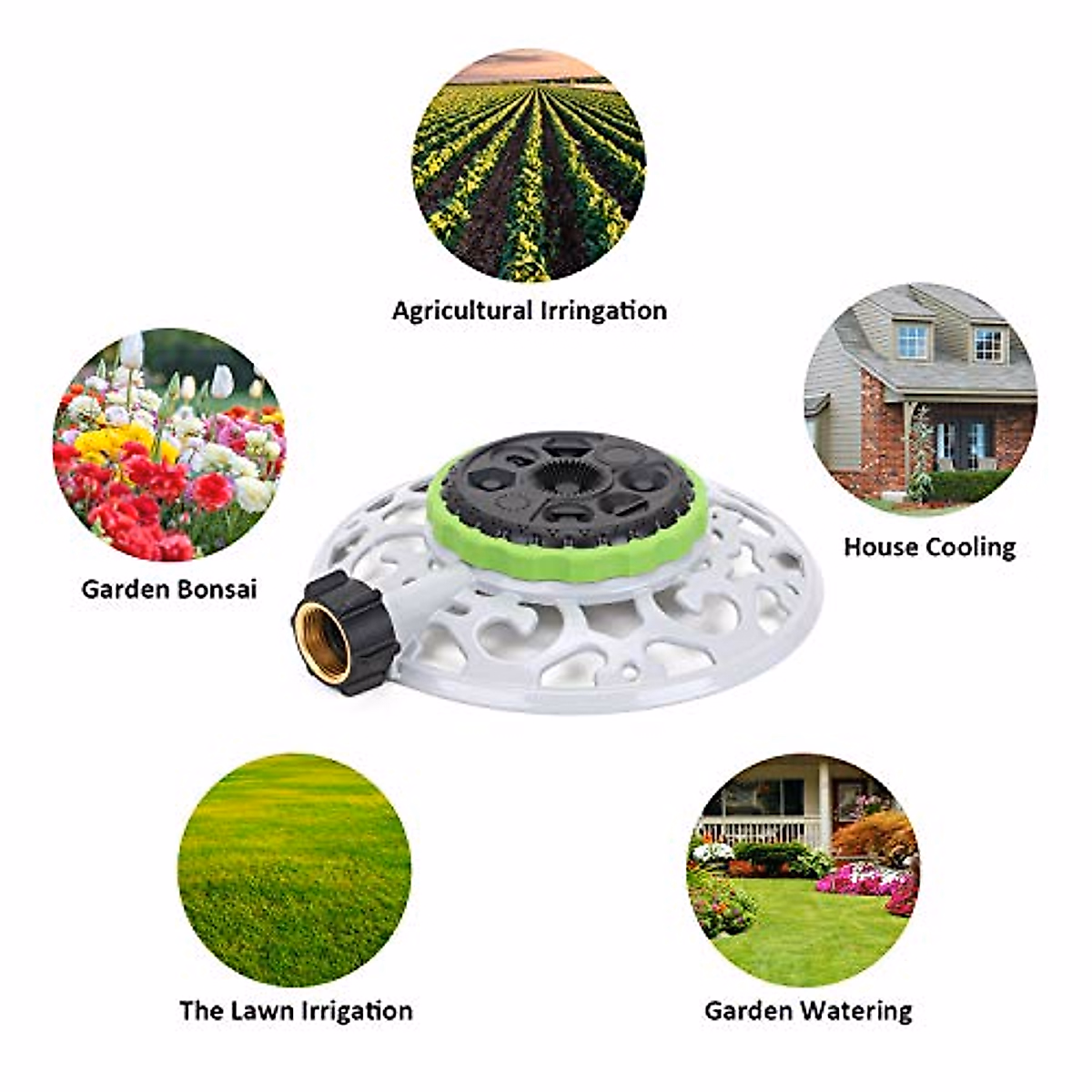 STYDDI Turret Pattern Sprinkler, 8-Pattern Stationary Water Sprinkler on Metal Decorative Base for Watering Small and Large Yards, Lawns, Garden or Odd Shaped Areas