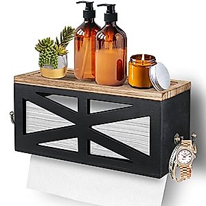 Solid Wood Paper Towel Dispenser Wall Mounted, Paper Towel Holder Wall Mount with Lid, Commercial C-Fold, Z-Fold, Trifold Hand Paper Towel Holder Dispenser, Napkin Holder with Metal Hooks for Kitchen
