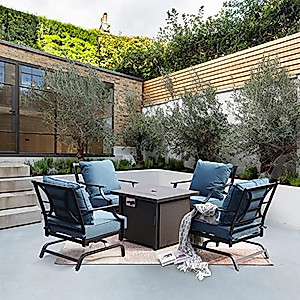 Grand patio 5 Pieces Patio Furniture Set with 30 Inch 50,000 BTU Steel Square Propane Fire Pit Table,4 Rocking Metal Patio Chairs with Peacock Blue Cushions