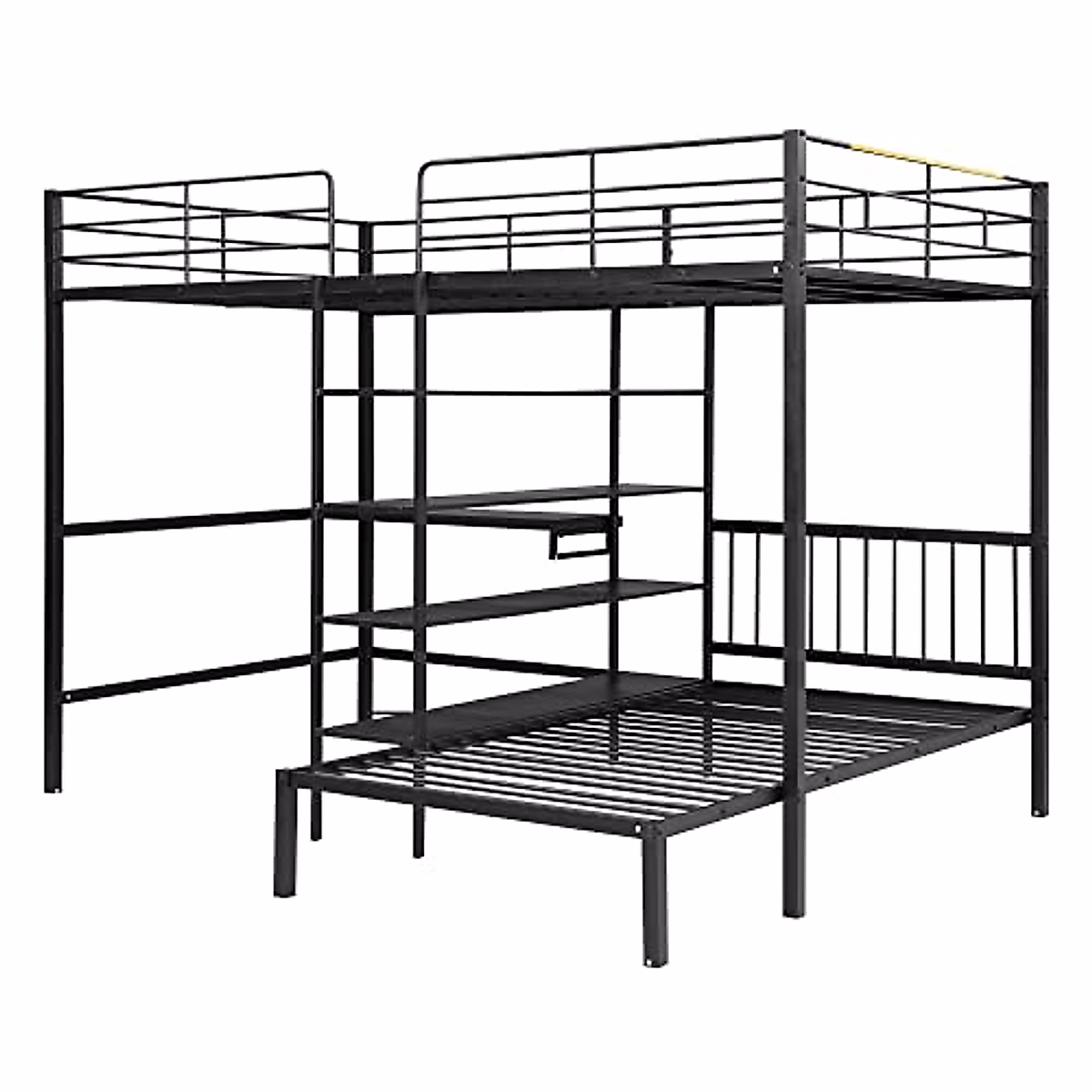 BOVZA Full Over Twin Metal Bunk Bed with Built-in Desk, Storage Shelves and Ladder, L Shaped Loft Bed Frame for Kids, Teens, Girls, Boys, Black