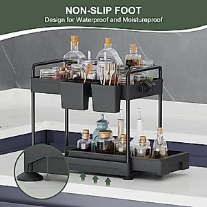 BAYANKHAR Under Sink Organizers and Storage, Multi-purpose Bathroom Organizer Under Sink, 2 Tier Under Kitchen Sink Organizer Sliding Cabinet organizer Basket with Hooks,Hanging Cup,Black,2 Pack