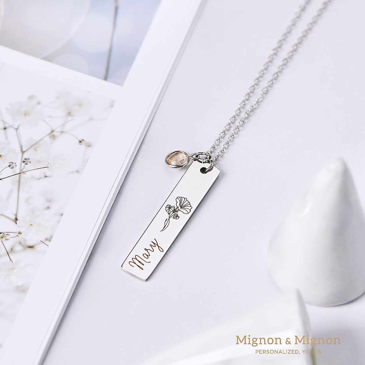 MignonandMignon Flower Birthstone Gold Name Graduation Necklace 2021 Personalized Gift for Her Bar Necklace Mothers Day Gift Floral Jewelry Personalized Jewelry - 8N-FLBS-G