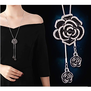 Cathercing Rhinestone Black Rose Pendant Long Necklace for Women Sweater Chain Statement Necklace Choker Adjustable Elegant Jewelry Crystal Accessories Dressy Collocation Winter Evening Party Wedding