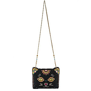 Mary Frances Purrsuasian Beaded Sugar Skull Cat Crossbody Clutch Handbag, Black