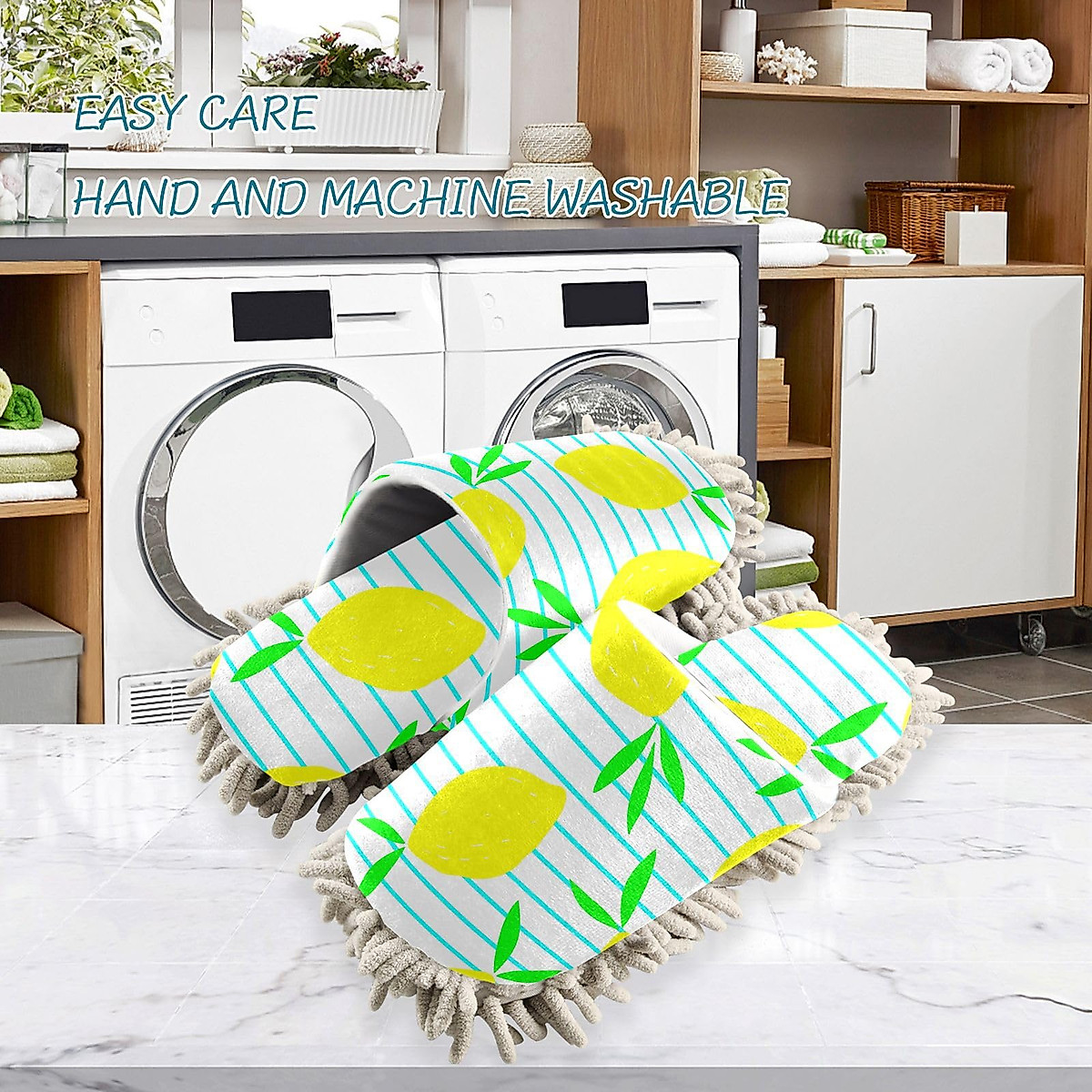 FLildon Microfiber Cleaning Slippers Lemon Stripe Washable Mop Shoes Slipper for Men/Women House Floor Dust Cleaner, Size L