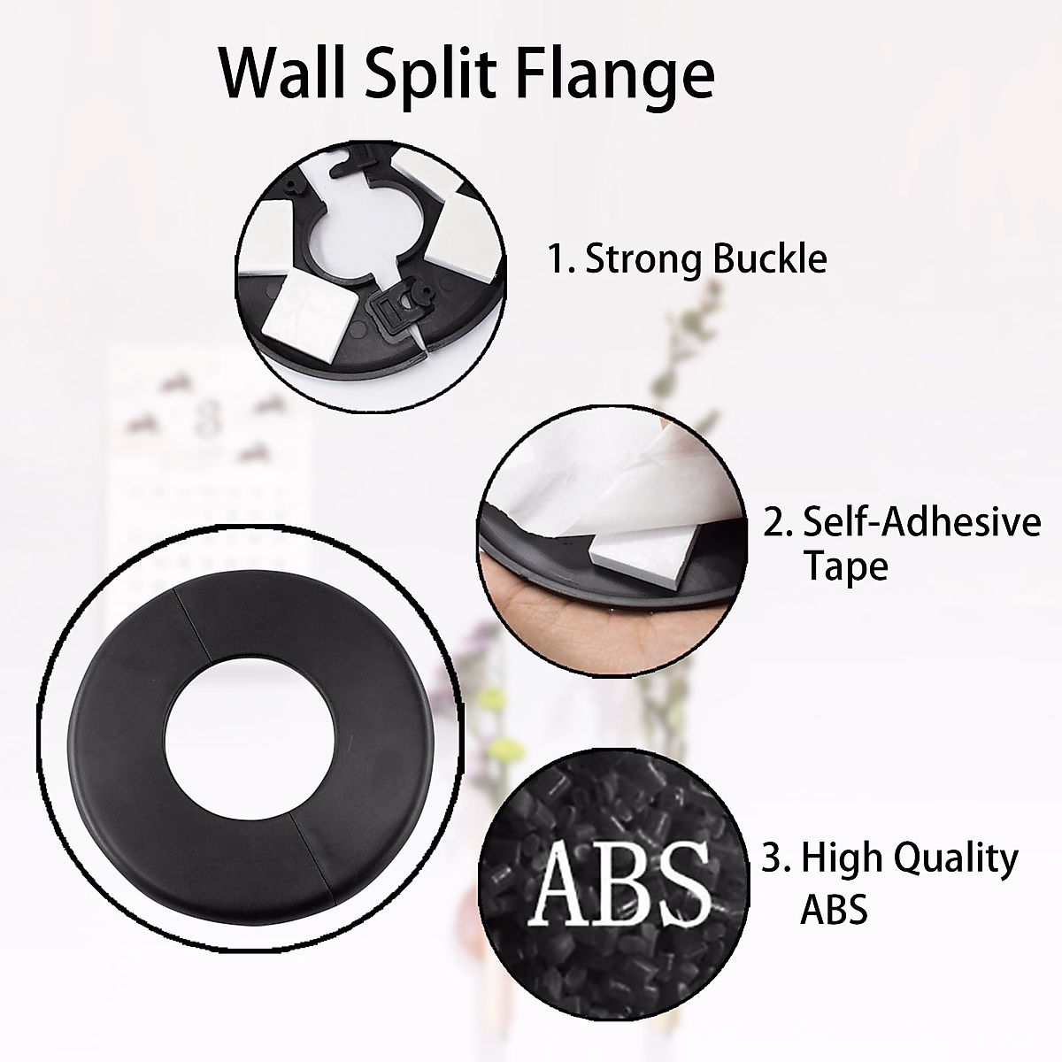bociloy Wall Split Flange 51mm/2"Diameter, ABS Round Self-Adhesive Escutcheon Plate, Wall Hole Decoration Cover, Water Pipe Plate Cover, Black, 4PCS