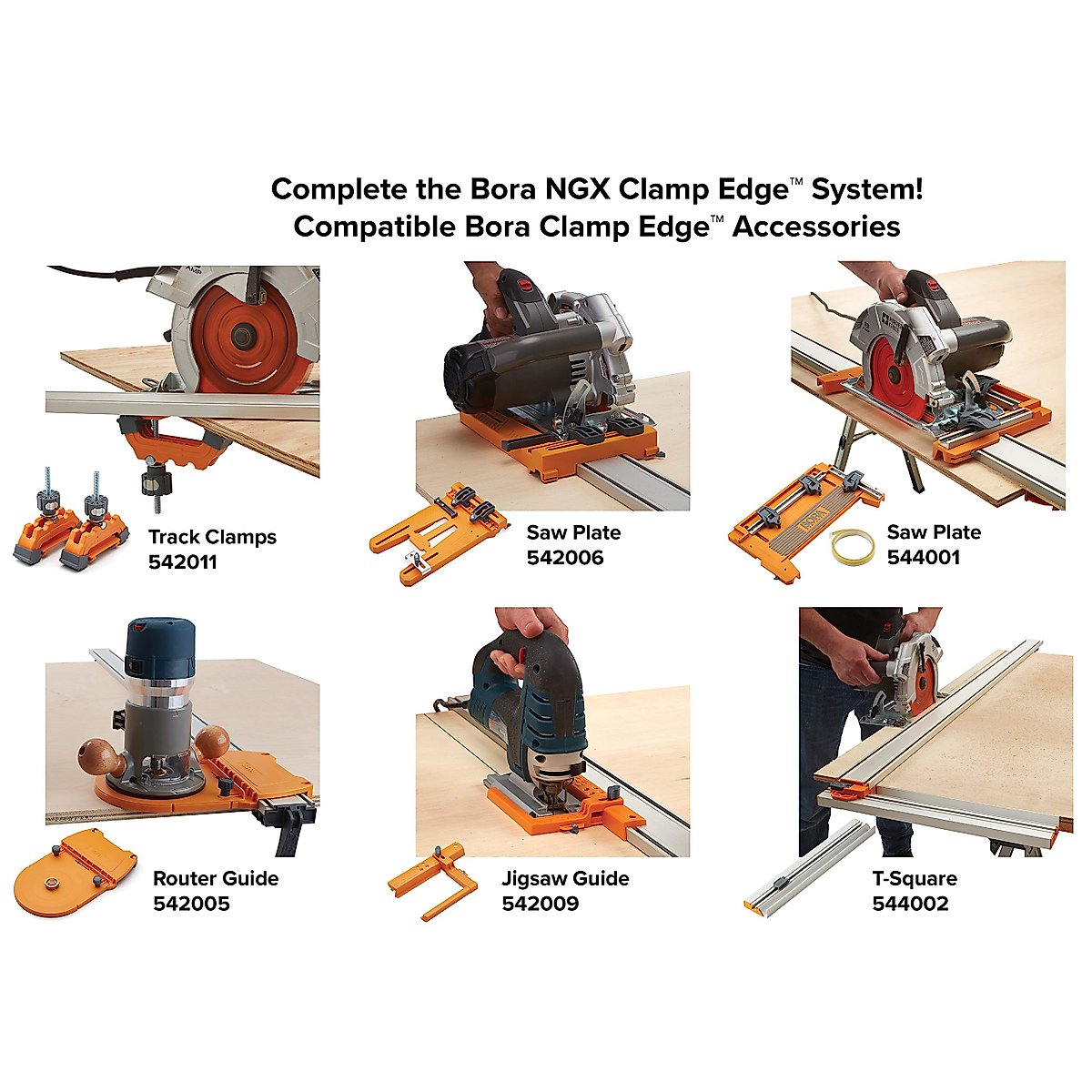 BORA Track Clamps, Securely Cut Any Angle with WTX and NGX Clamp Edge Systems, Saw Guide Accessory for Woodworking, Carpentry, DIY, Two-Pack, 542011