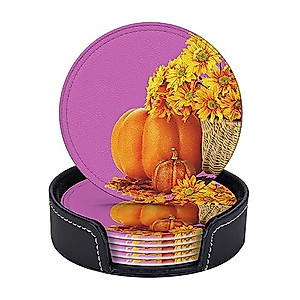 Pumpkins Sunflowers Printed Coasters for Drinks Set of 6 Leather Coasters Spill Protection Cup Mat for Drinks for Home Office Coffee Bar Table