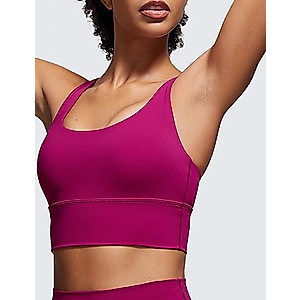 CRZ YOGA Womens Strappy Longline Sports Bra - Wirefree Criss Cross Padded Crop Tank Top Workout Yoga Bras Magenta Purple Small