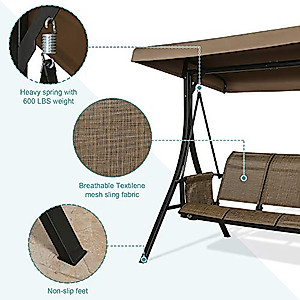 Patio 3-Seat Textilene Porch Swing, Outdoor Swing Glider with Stand and Adjustable Polyester Canopy (Brown)