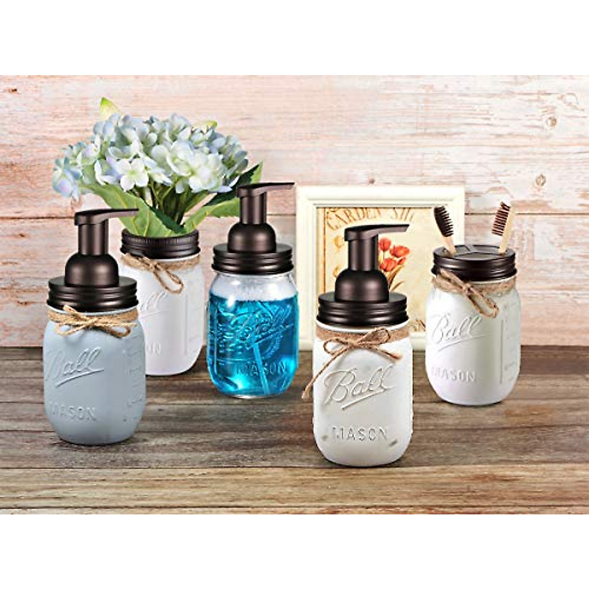 Mason Jar Bathroom Set（3 Piece）-Foaming Soap Dispenser, Toothbrush Holder ,Flower Vase,for Wedding House Decor Countertop and Vanity Organizer Bathroom Kitchen Farmhouse Décor (Bronze)