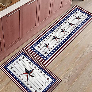 Independence Day Kitchen Rugs Sets 2 Piece Floor Mats American USA Flag Day Theme Stars Red Stripe Doormat Non-Slip Rubber Backing Area Rugs Carpet Inside Door Mat Pad Sets-15.7" x 23.6"+15.7" x 47.2"