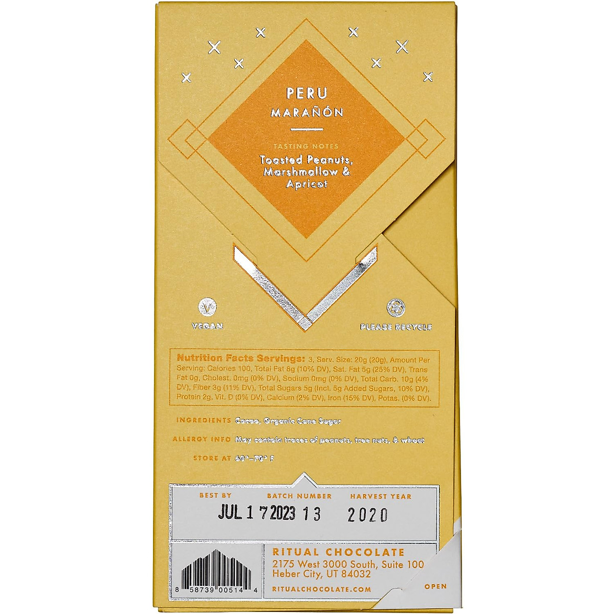 Ritual Dark Chocolate Bar, Peru 75% Cacao, Notes of Peanuts, Marshmallow & Apricot, 2.12 oz