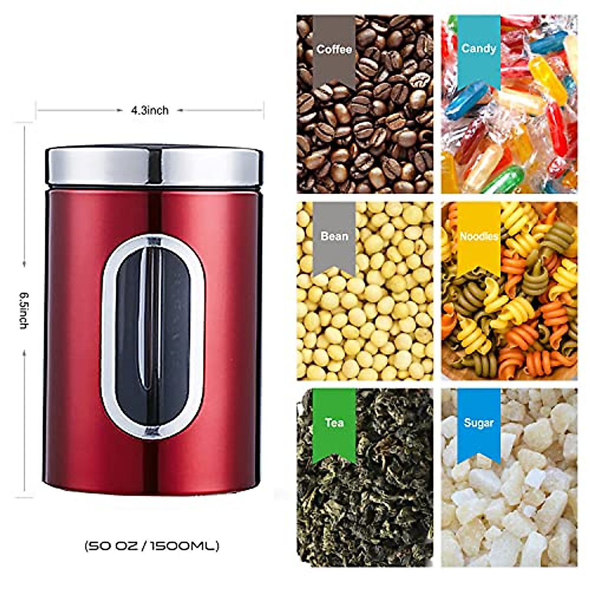 JENNIMER 3PC Kitchen Canister Set for Sugar Food Tea Coffee Candy Storage Jars Stainless Steel with Transparent Windows (Red)