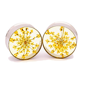 Mystic Metals Body Jewelry Embedded Real Yellow Queen Anne's Lace Flower Plugs - Sold As a Pair (9/16" (14mm))