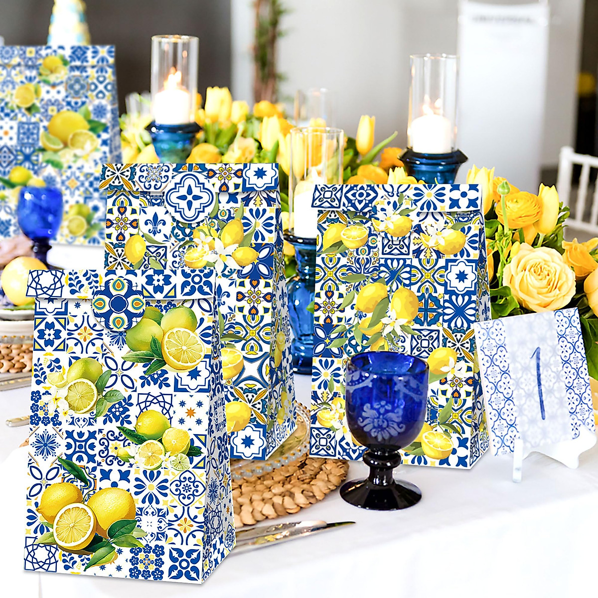 JeVenis 12 PCS Capri Lemon Party Favor Bags Capri Lemon Party Decorations Blue Tiles and Lemon Party Supplies for Capri Lemon Birthday Wedding Bridal Shower