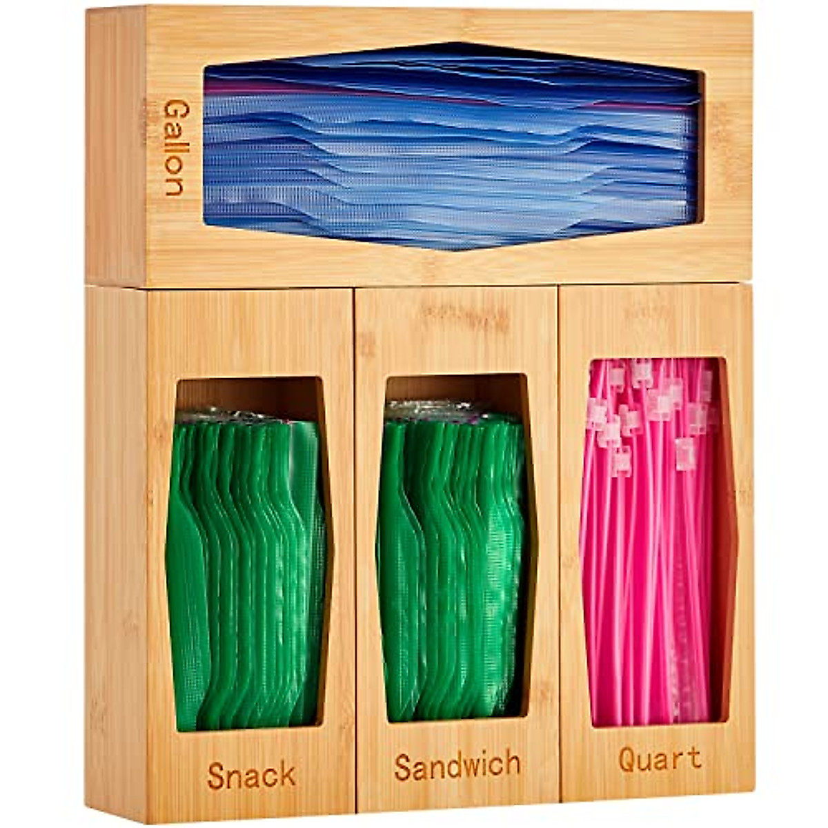 Kootek Ziplock Bag Organizer, 4 Pack Bamboo Food Storage Bag Holders Baggie Organizers Boxes for Kitchen Drawer Suitable for Gallon, Quart, Sandwich, Snack and Variety Size Bags