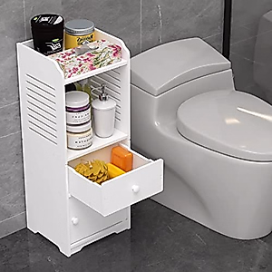 Rerii Bathroom Storage Cabinet, Small Floor Bathroom Organizer Free Standing, Side Toilet Cabinet with Drawer and Door, White
